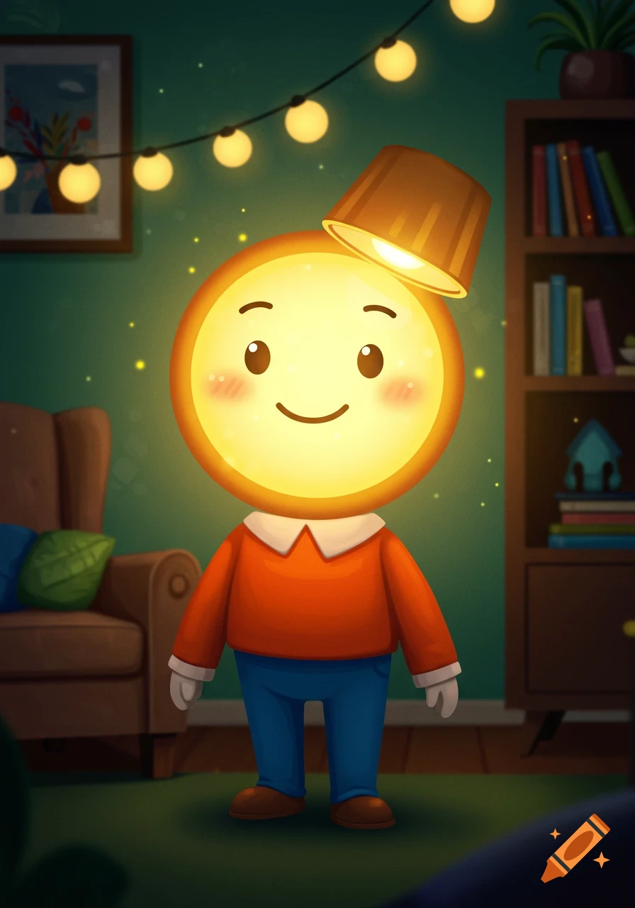 A cartoon anthropomorphic lamp character with a lampshade hat stands in ...