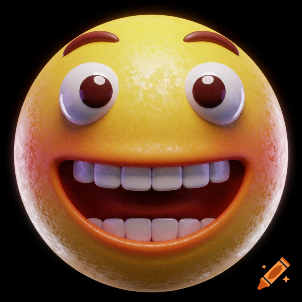 Close-up of a yellow 3D rendered laughing emoji with bright eyes and ...