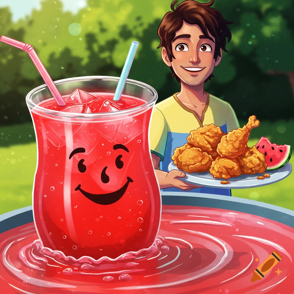 Cartoon glass of Kool-Aid splashing next to a boy with fried chicken ...