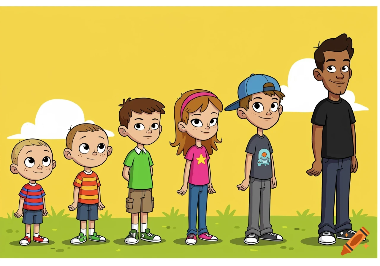 Six cartoon characters lined up by height, from small children to an ...