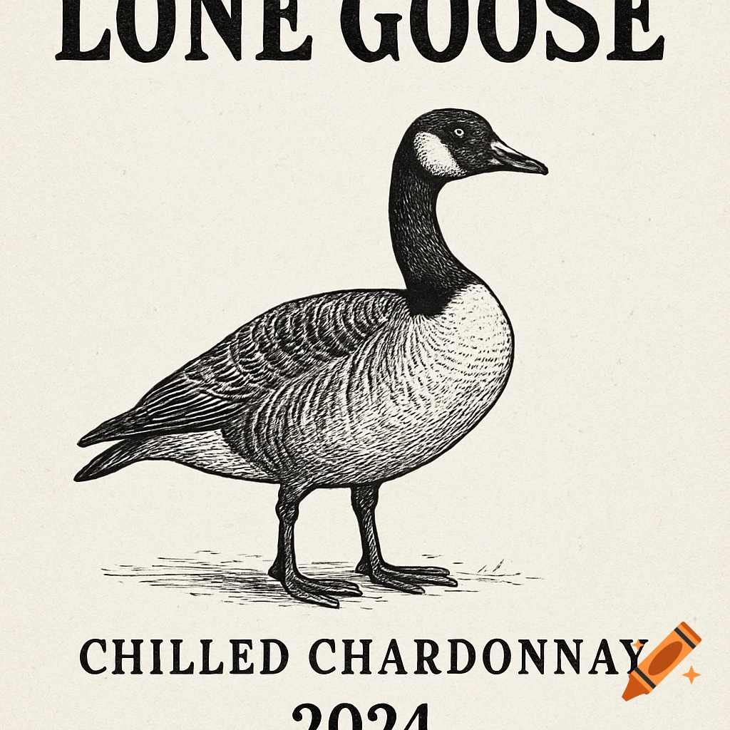 Black and white drawing of a standing Canadian goose with text "LONE GOOSE", "CHILLED CHARDONNAY ...