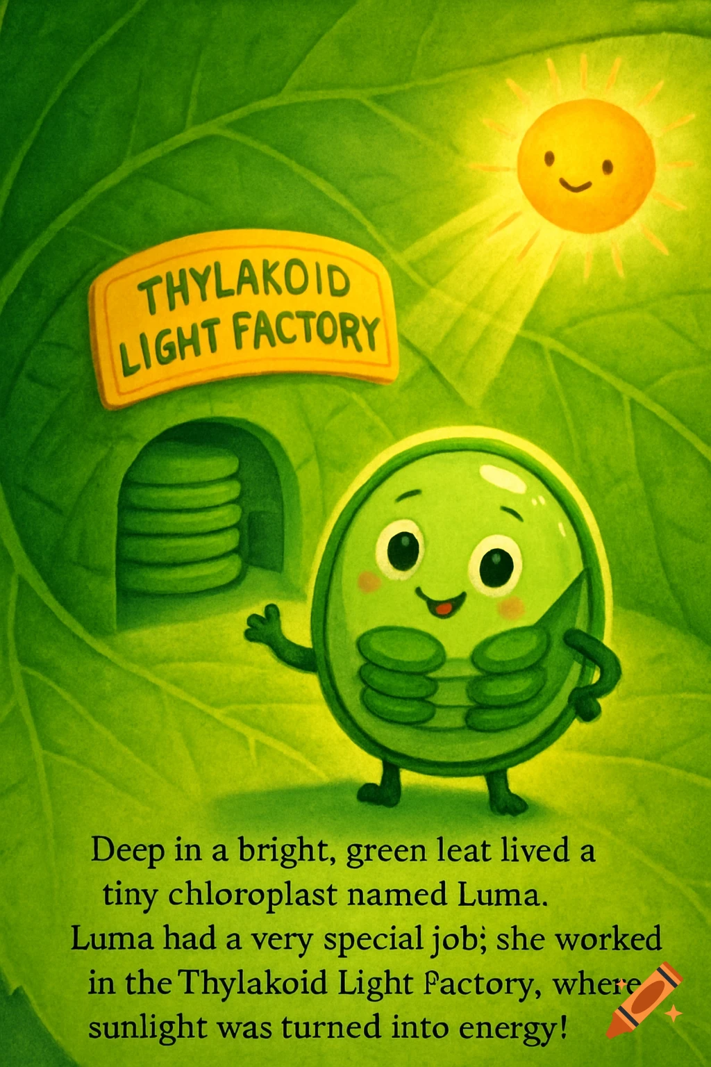 Cartoon illustration of a smiling green chloroplast character standing ...