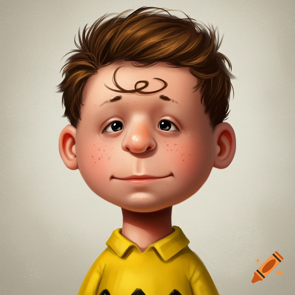 Stylized portrait of a young boy resembling Charlie Brown in a yellow ...