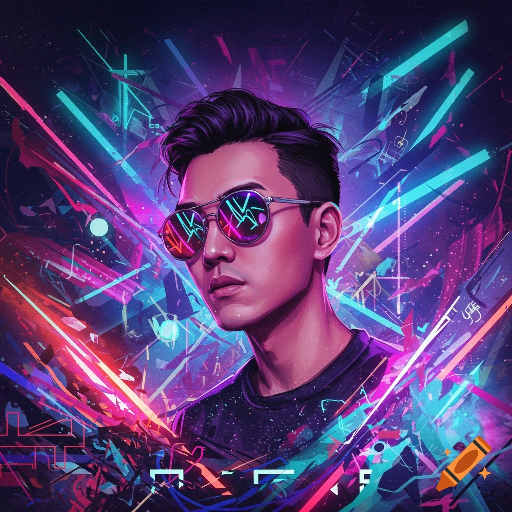 Portrait of a person in sunglasses against a vibrant, abstract techno ...