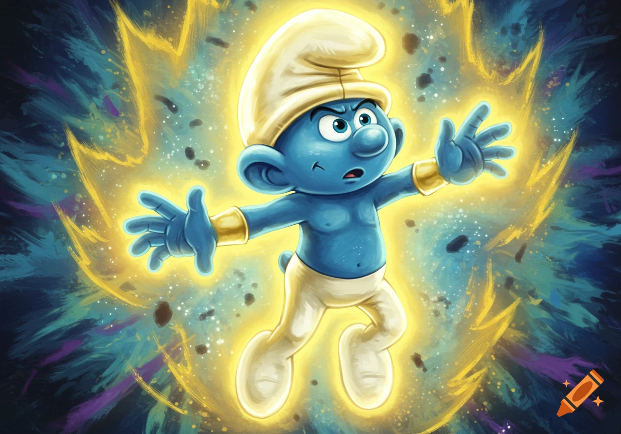 A Smurf character, like Super Saiyan, is surrounded by glowing yellow ...