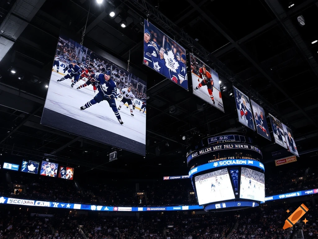 Interior view of a hockey arena with large screens and banners showing ...