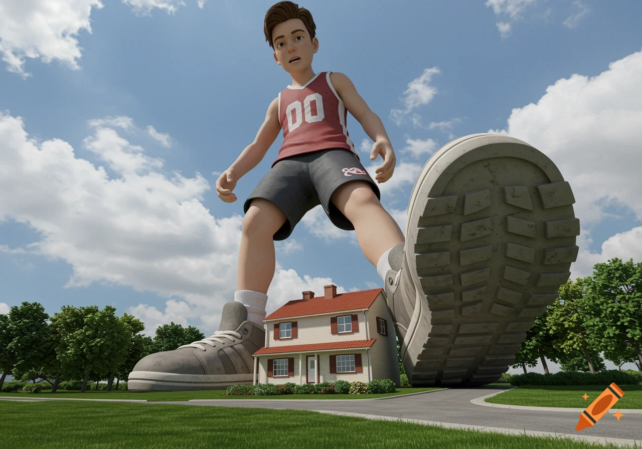 Giant boy steps over a suburban house seen from a low angle on a sunny ...