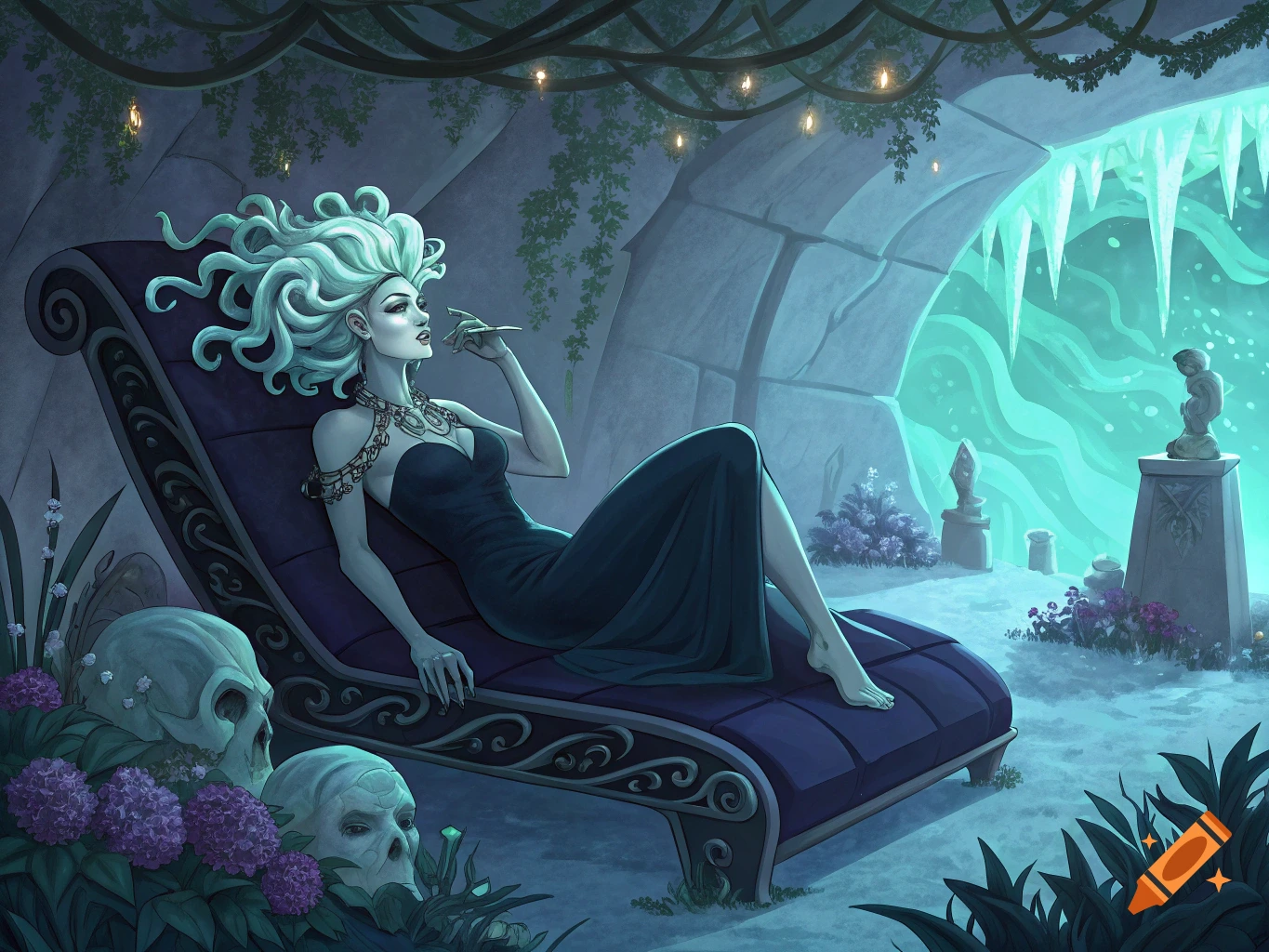 Illustration of Medusa with snake hair lounging in a cave lair ...