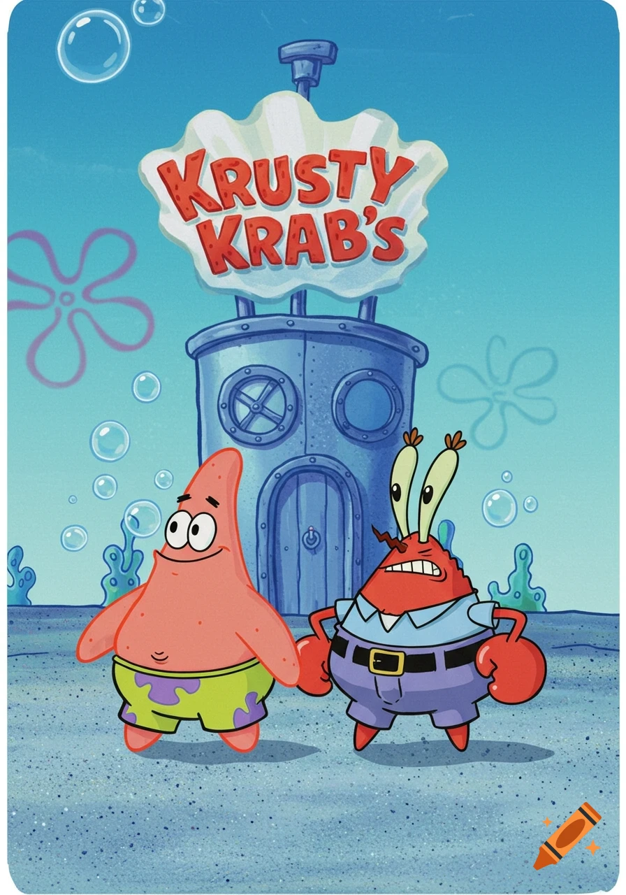 Patrick Star and Mr. Krabs standing outside the Krusty Krab restaurant in a cartoon style. on ...