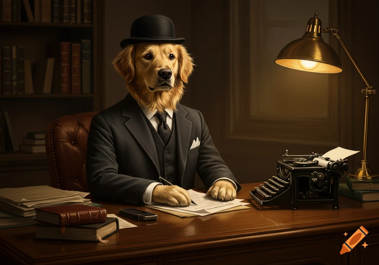 A golden retriever dog in a suit and bowler hat sits at a desk with a ...