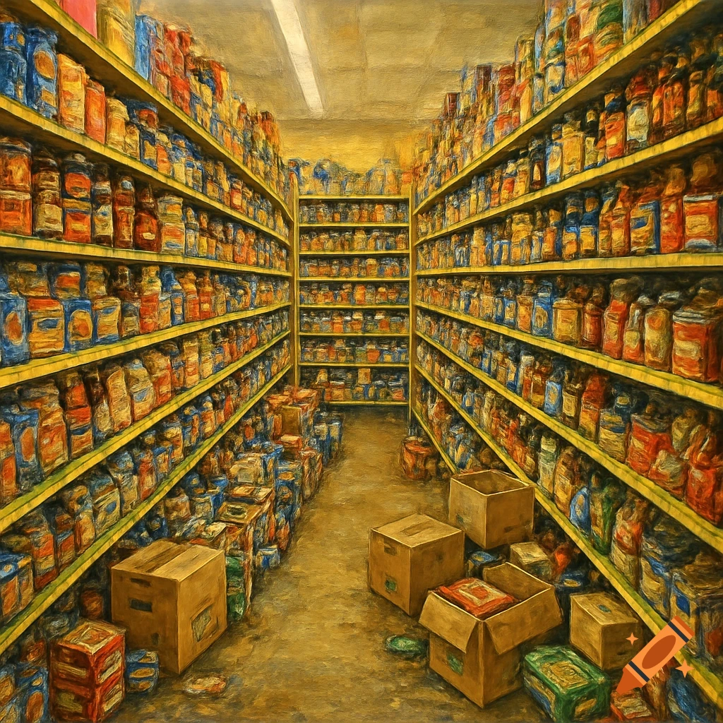 A narrow grocery store aisle filled with crowded shelves of products ...