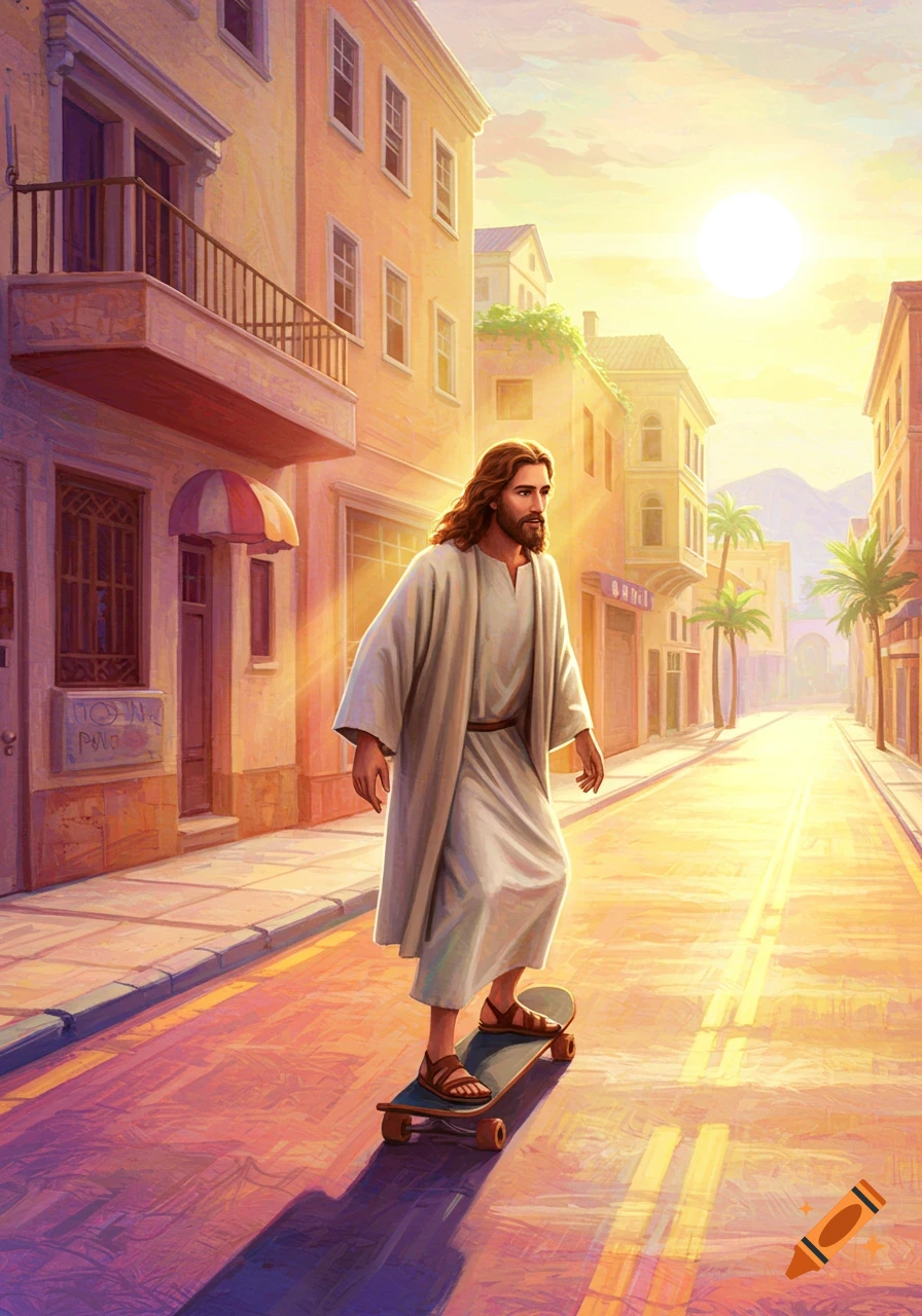 Jesus riding a skateboard down a sunny street in a painterly style. on ...