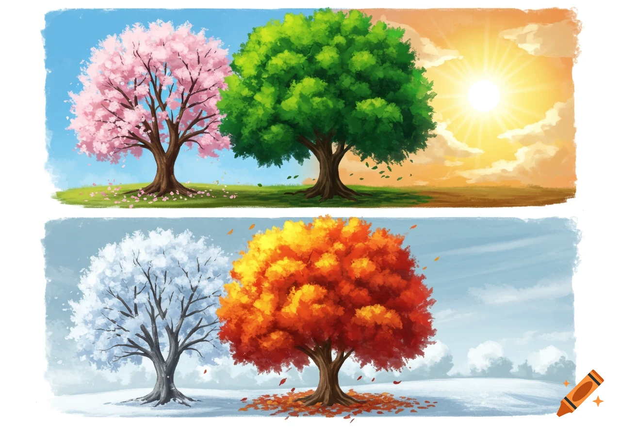 Illustration of four stylized trees representing spring, summer, autumn ...
