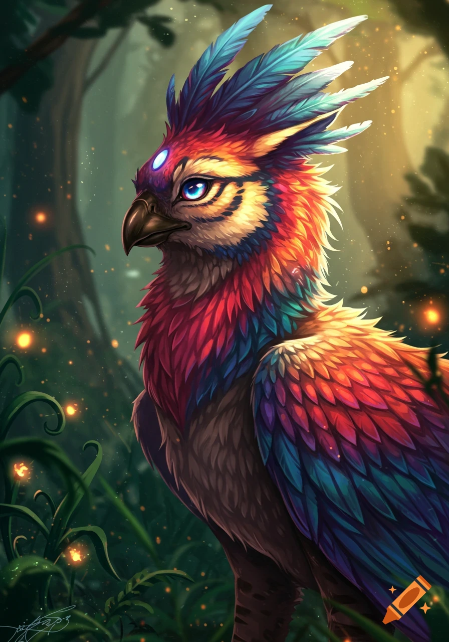 Colorful fantasy bird creature in a forest clearing with glowing ...