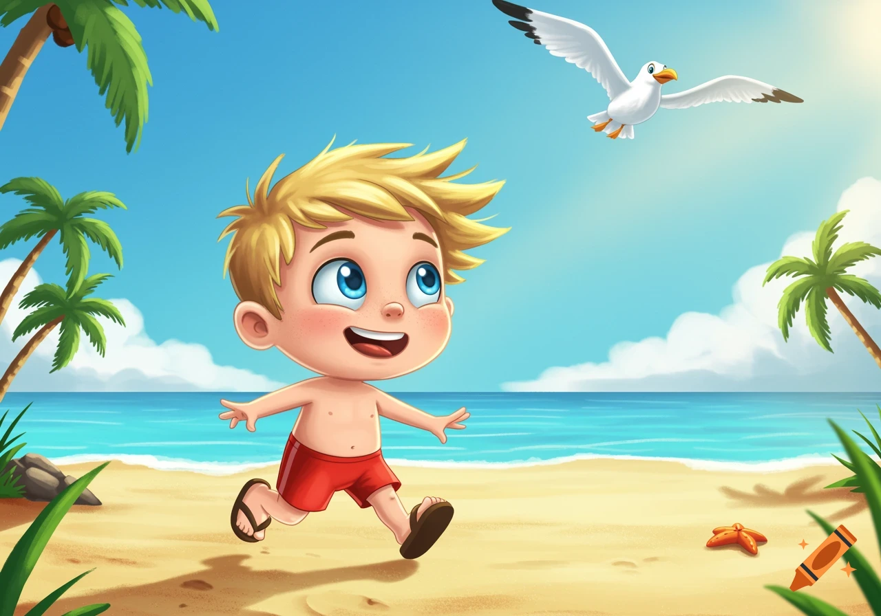Cartoon boy running on a tropical beach with palm trees and a seagull ...