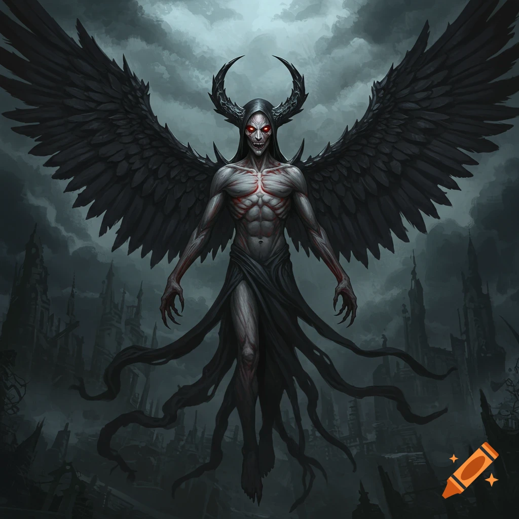 A terrifying dark fantasy creature with large black wings, horns, and ...