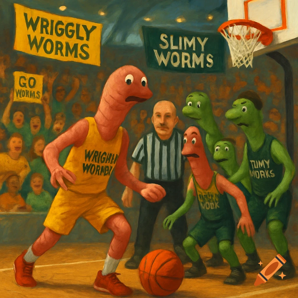 Cartoon worms play basketball in a game refereed by a human, watched by ...