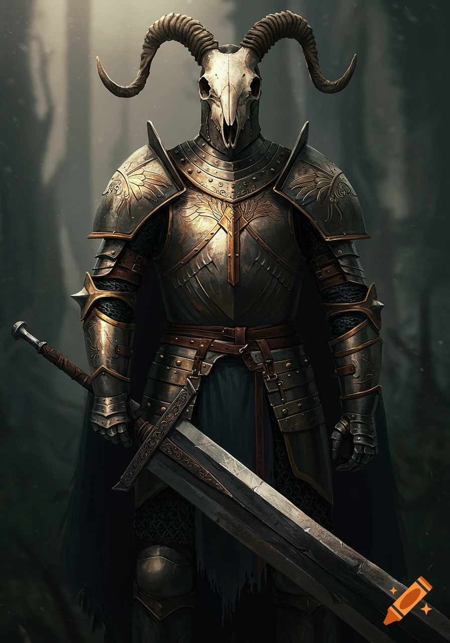 A knight in full plate armor with a goat skull helmet holds a large ...