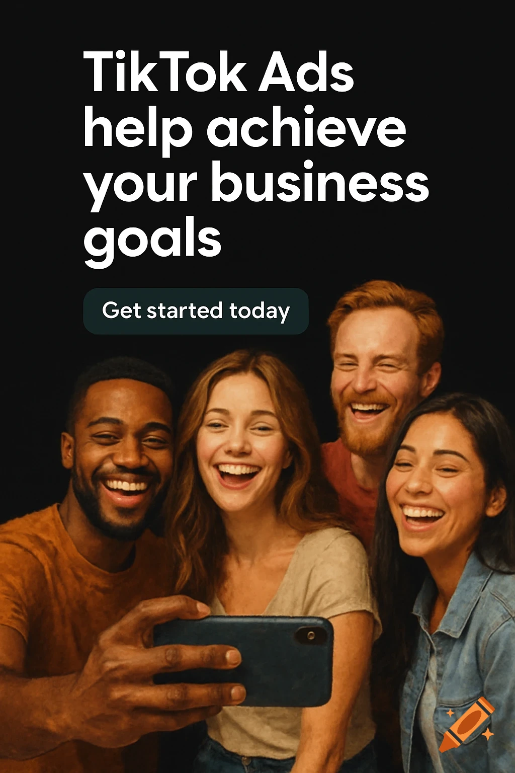 Smiling diverse group taking a selfie with text about TikTok Ads. on ...
