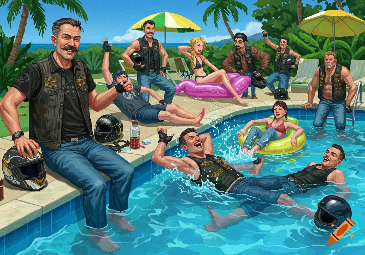 Illustration of a group of bikers relaxing by and in a swimming pool ...