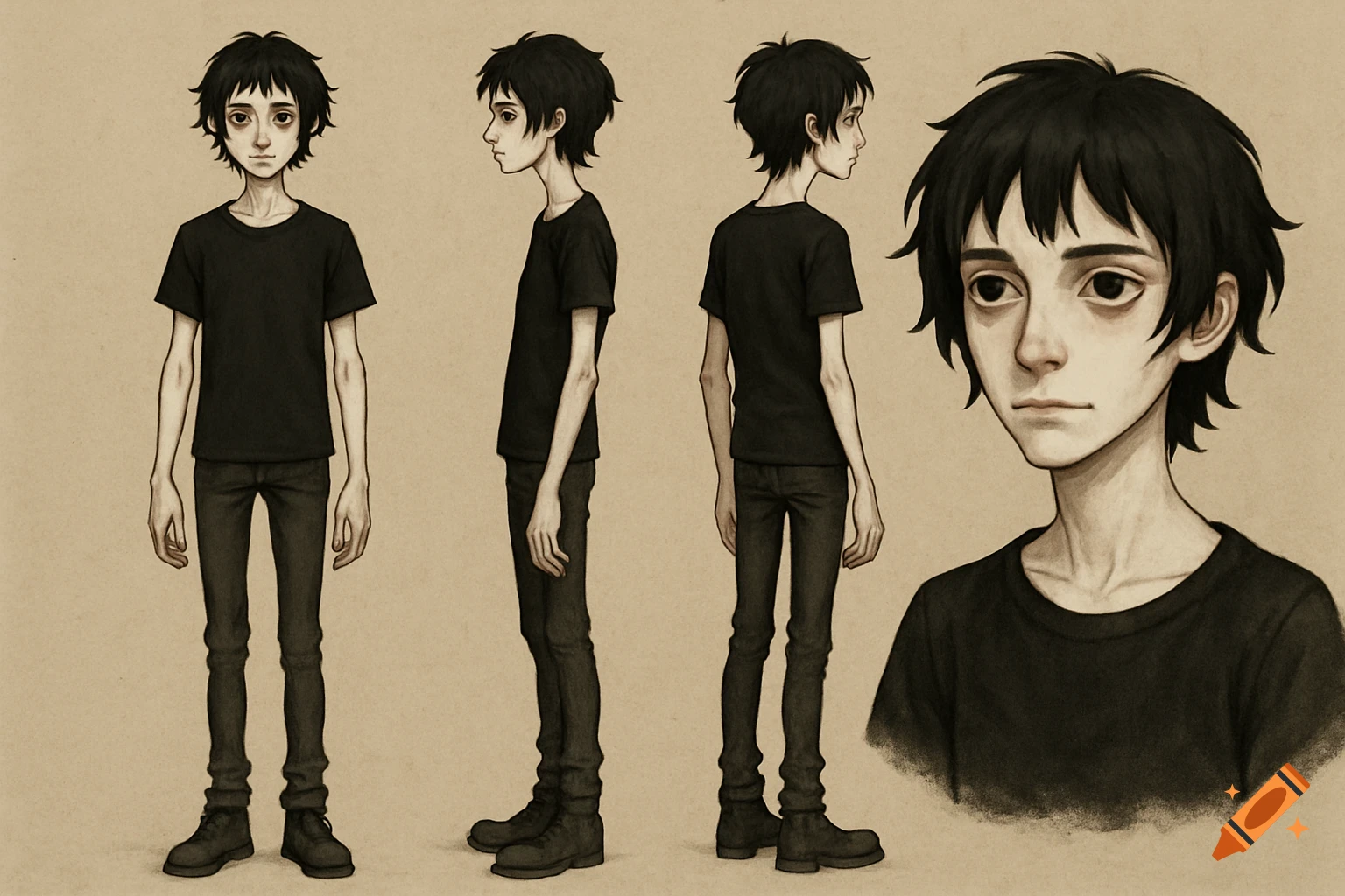 Character reference sheet showing a person from front, side, and back ...
