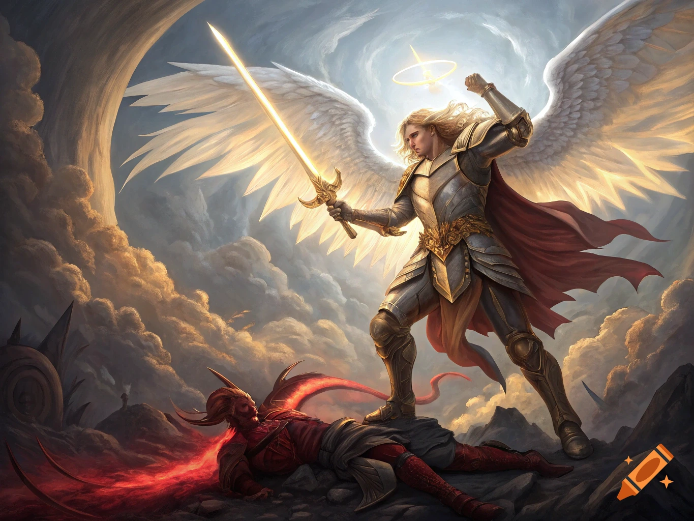 An armored angel stands over a defeated demon in a dramatic fantasy sky ...