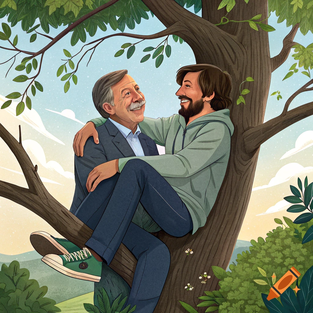 An illustration of two men sitting in a tree and hugging. on Craiyon
