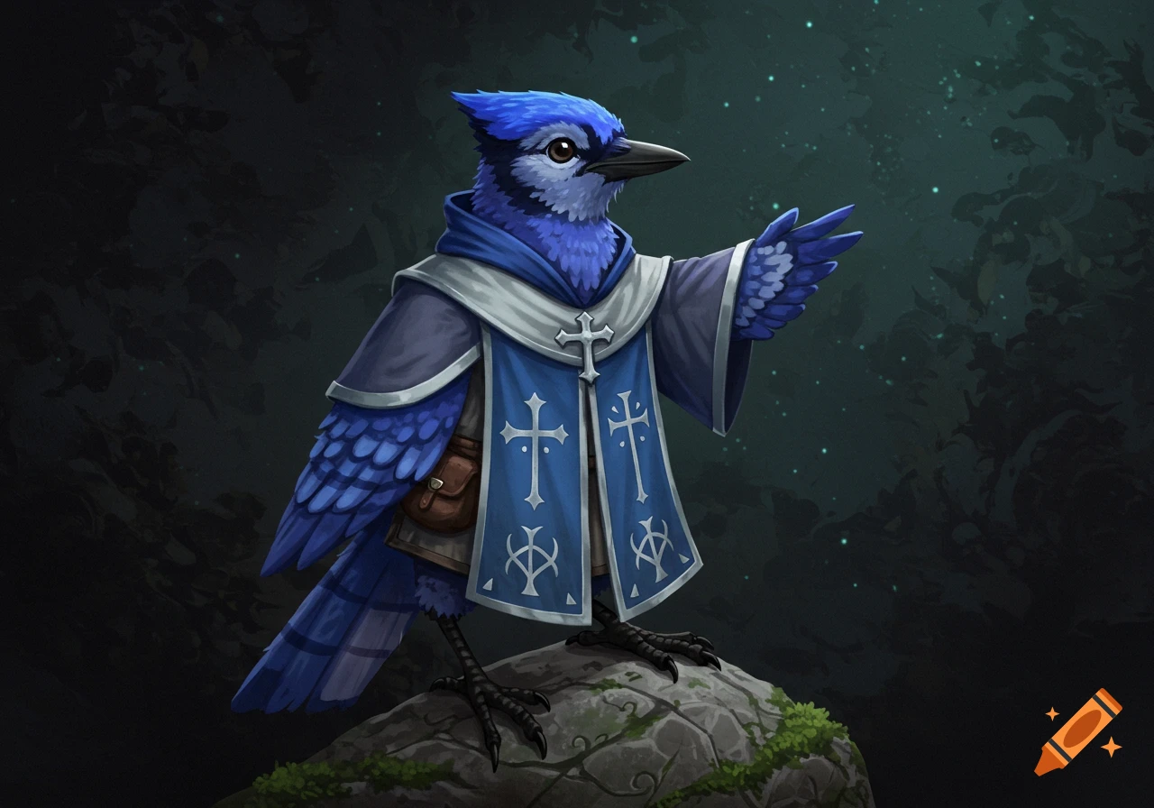 A bluejay bird character wearing fantasy cleric robes stands on a rock ...