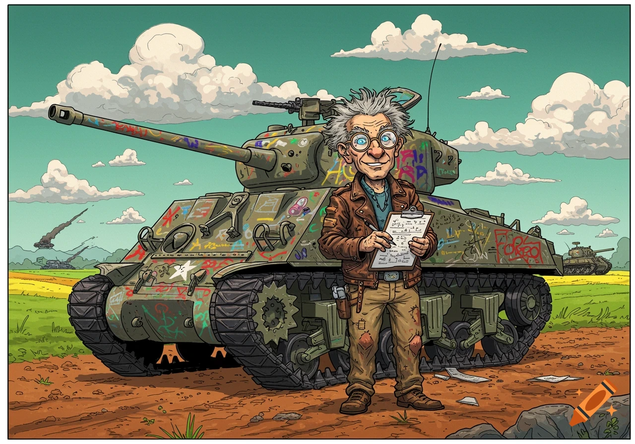 Cartoon man holding clipboard stands next to graffiti-covered Sherman ...