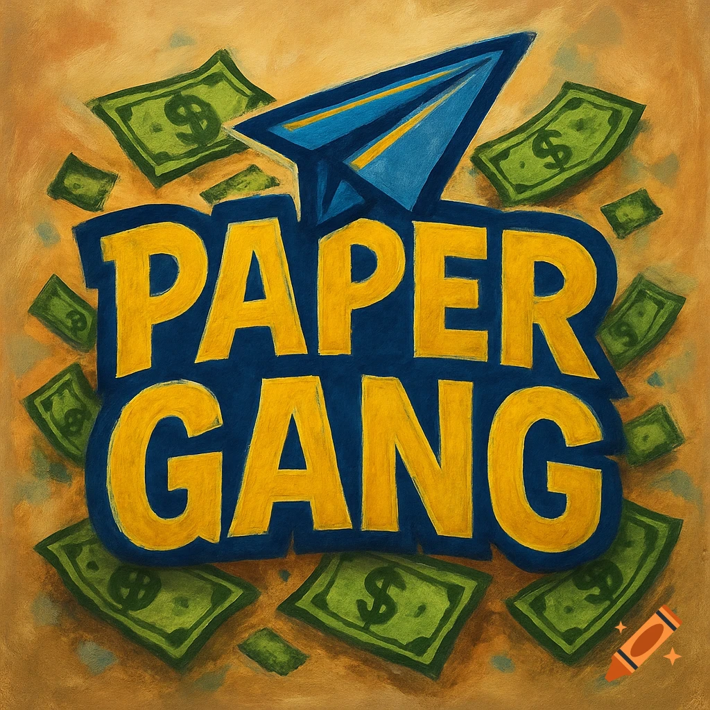Painted logo for PAPER GANG with a blue paper airplane and scattered ...