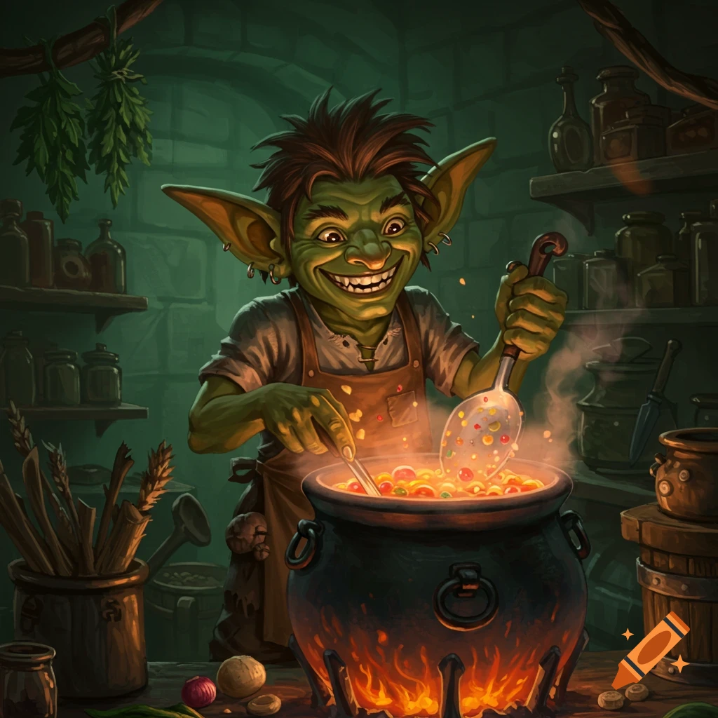 A smiling green goblin chef stirs a glowing pot over a fire in a ...