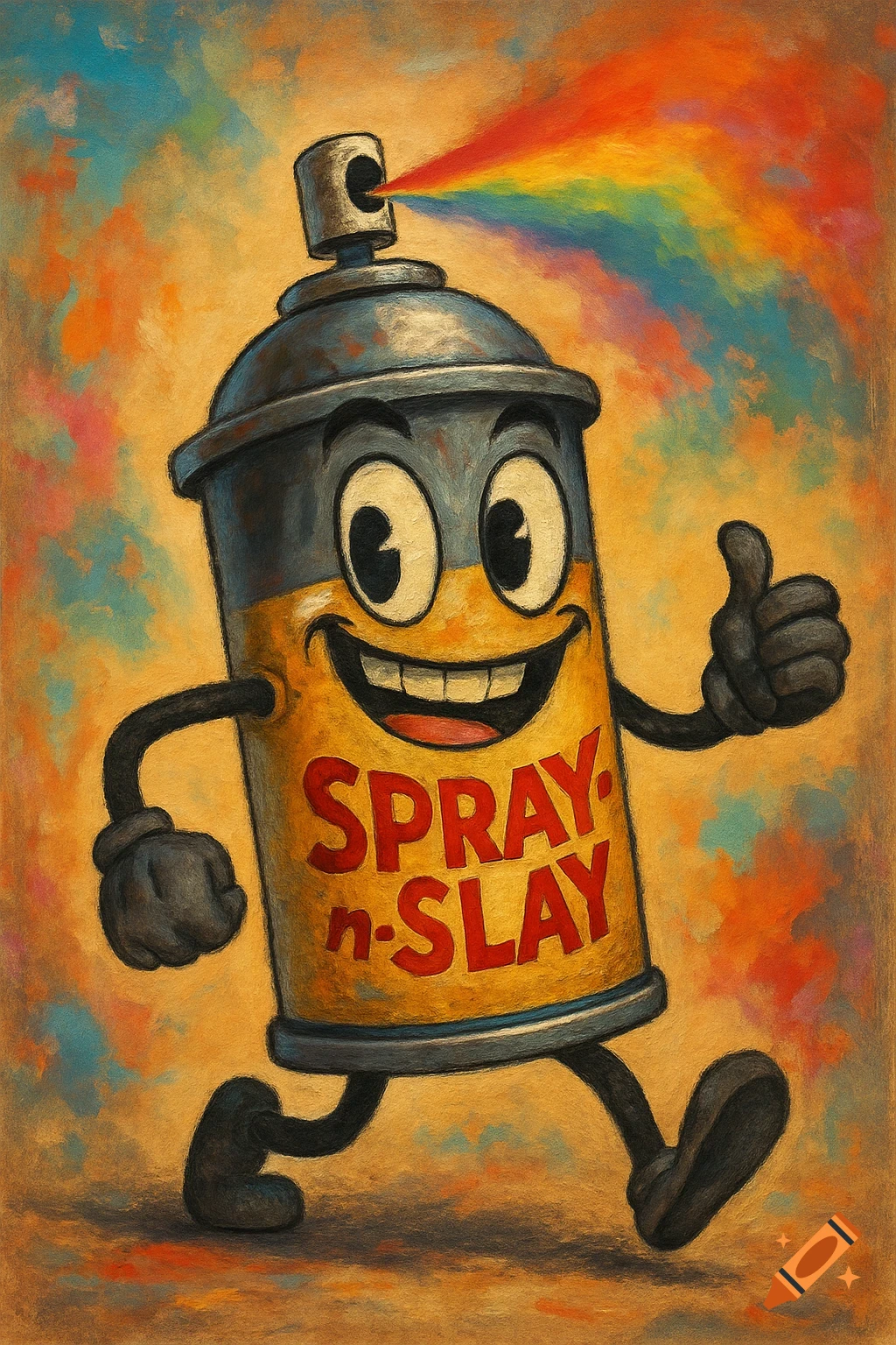 Cartoon spray can character running, giving thumbs up, spraying rainbow ...