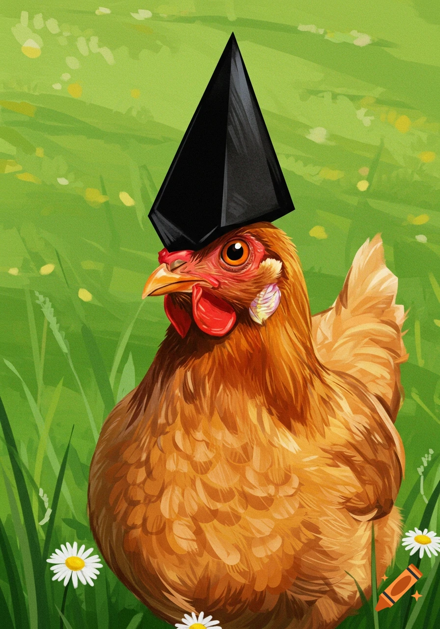 A chicken with a black pyramid on its head stands in a grassy field ...