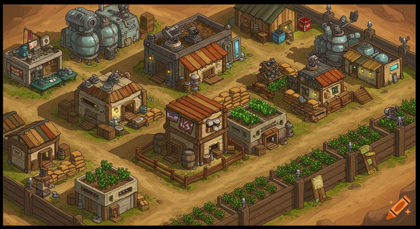 Isometric view of a detailed sci-fi base with buildings, farms, and ...