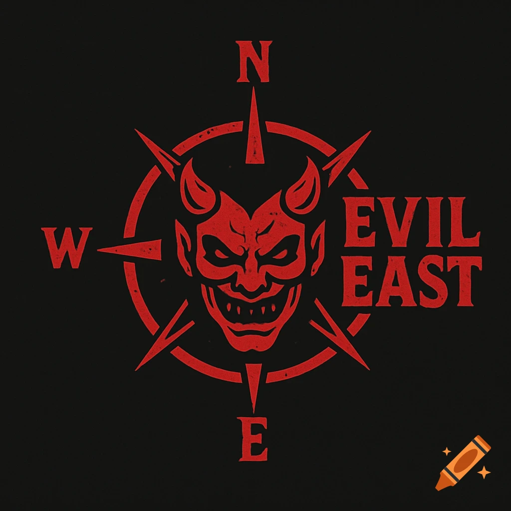 Red devil face inside a compass rose with 'EVIL EAST' text logo on Craiyon