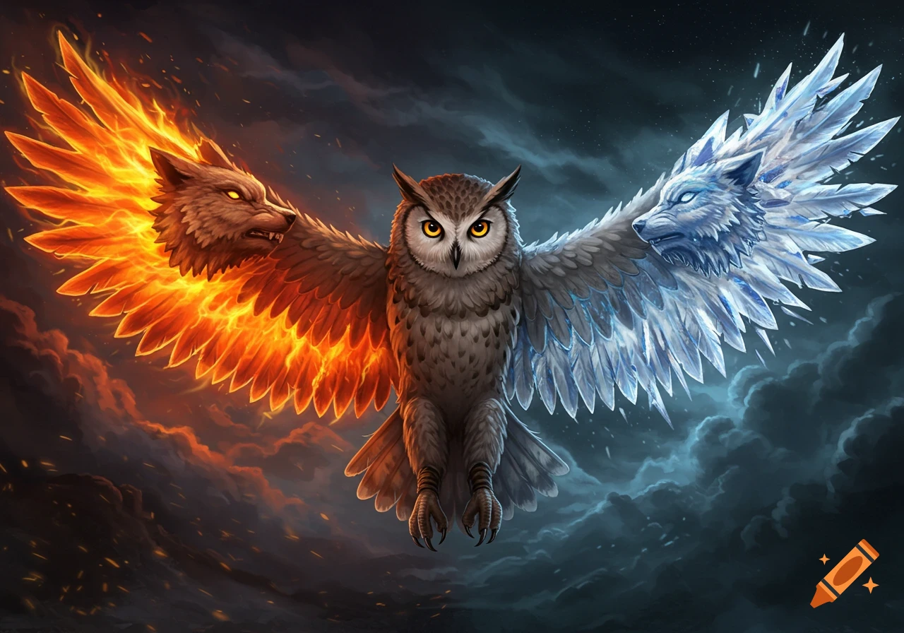 Fantasy owl with fire wolf wing and ice wolf wing flying on Craiyon