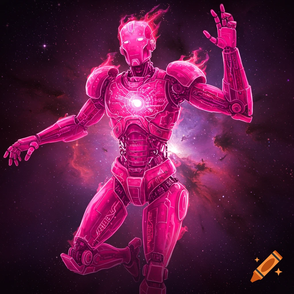 A magenta robot floats in space with stars and a purple nebula, energy ...
