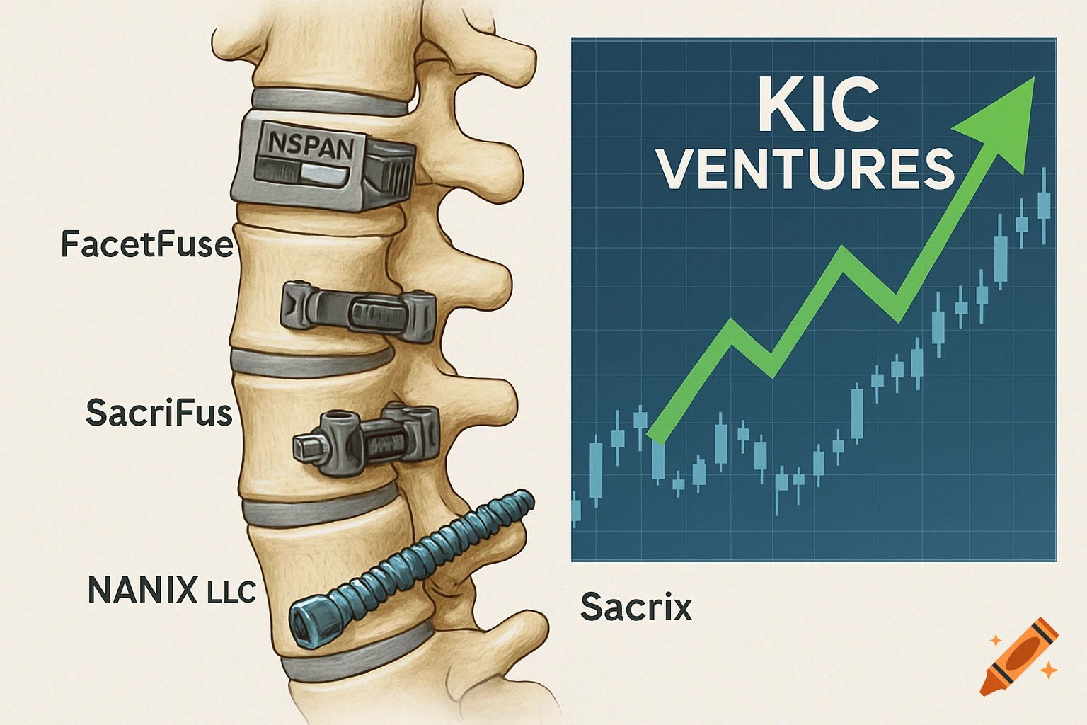 Illustration of a spinal column with medical implants and labels next ...