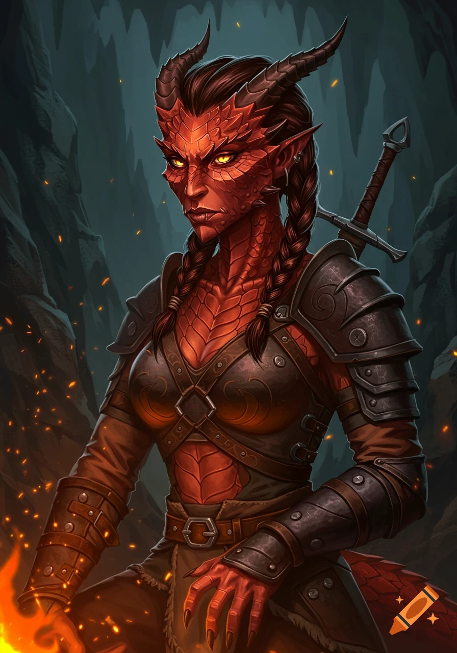 Red Dragonborn female in armor with a sword on her back stands in a cave near fire. on Craiyon