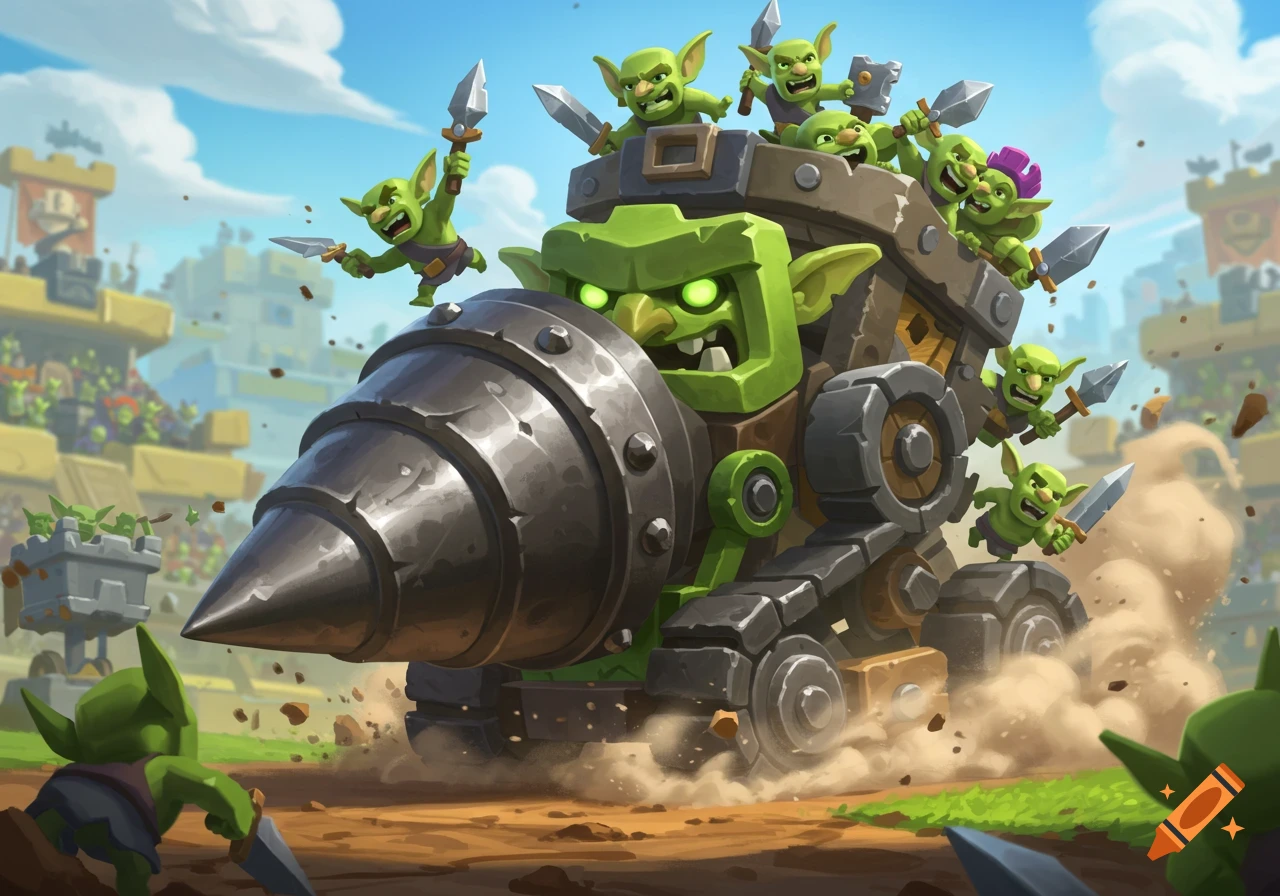 Cartoon fantasy art of a large goblin drill machine driven by small ...