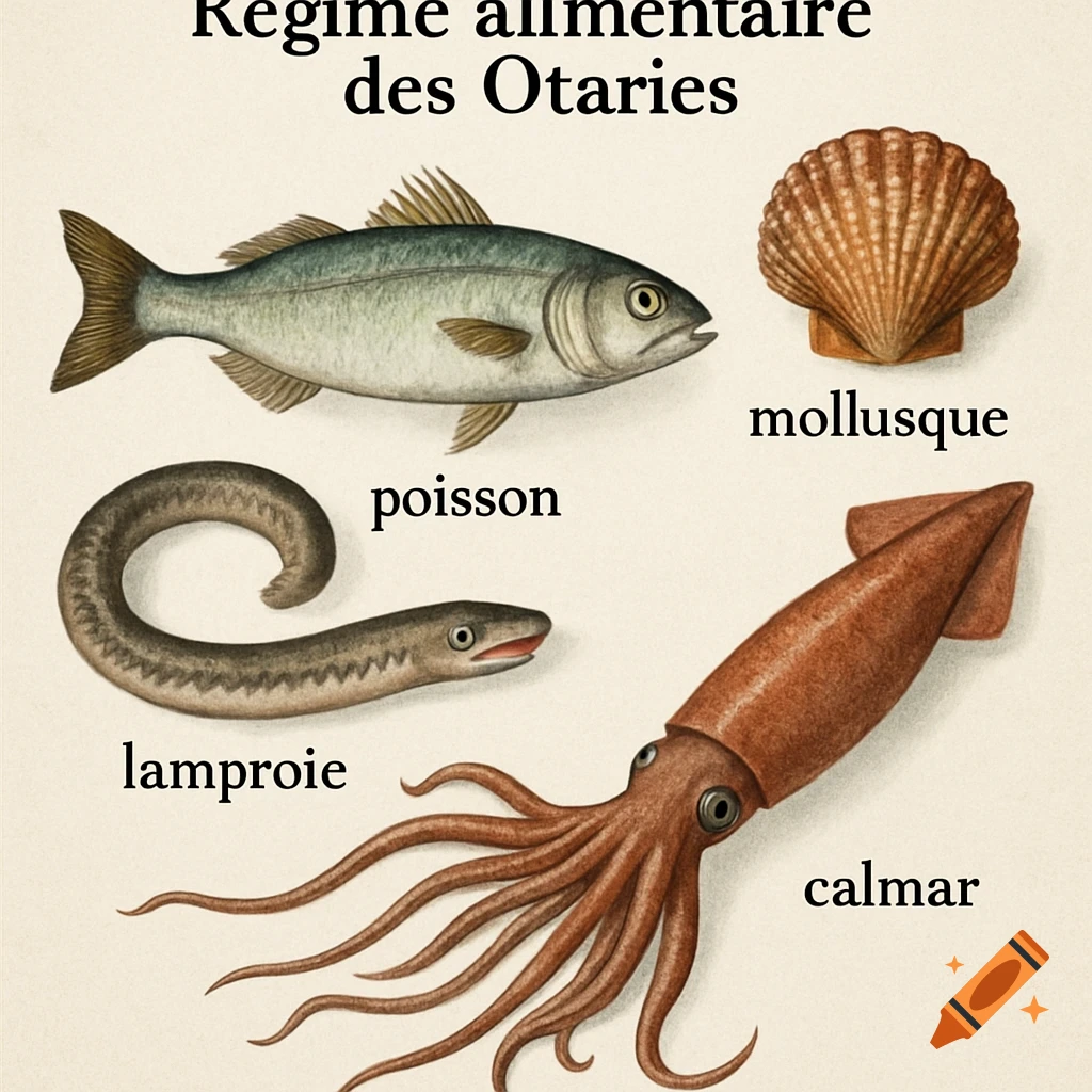 Illustration of marine animals and text showing the diet of sea lions ...