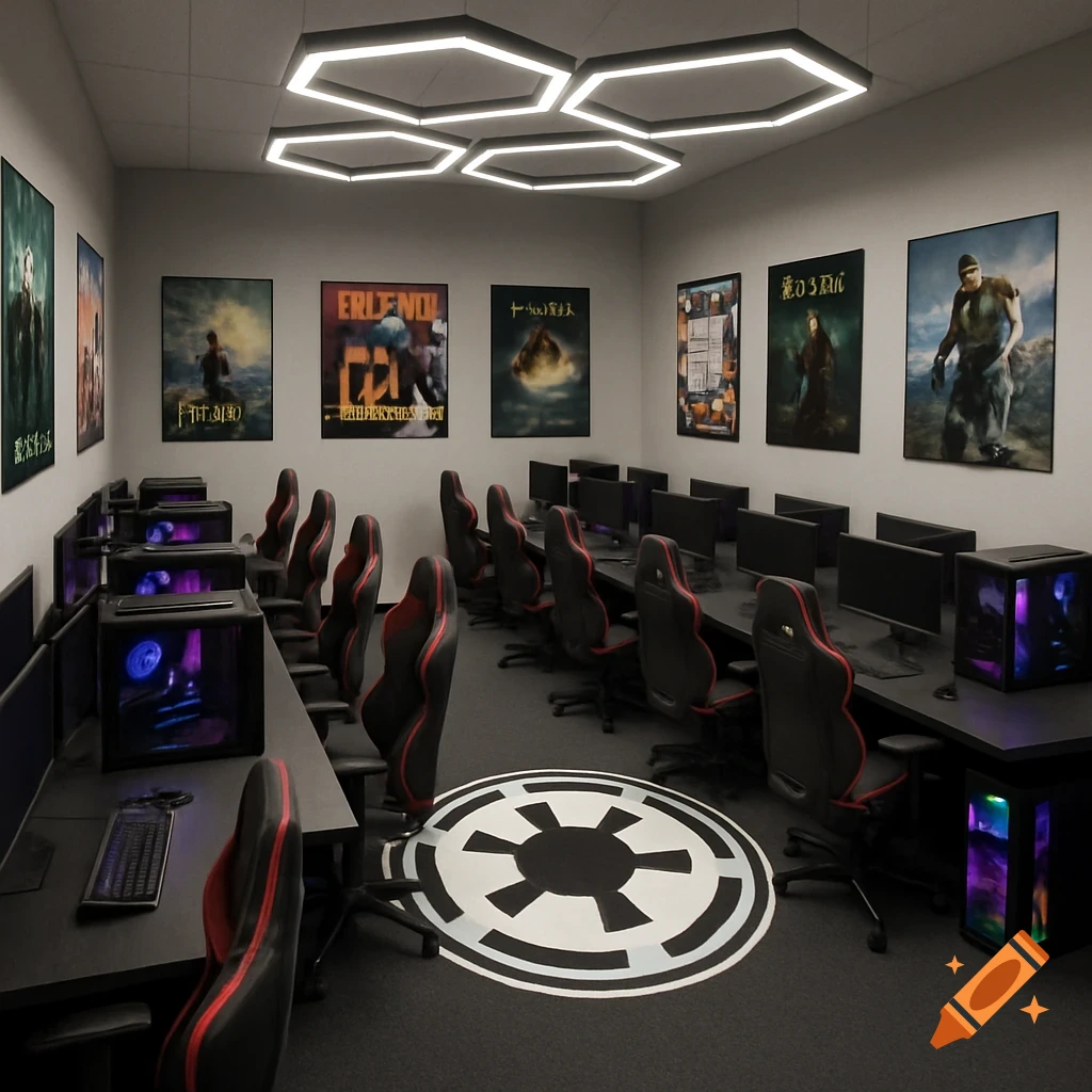 A photorealistic 3D rendering of a gaming classroom with rows of ...