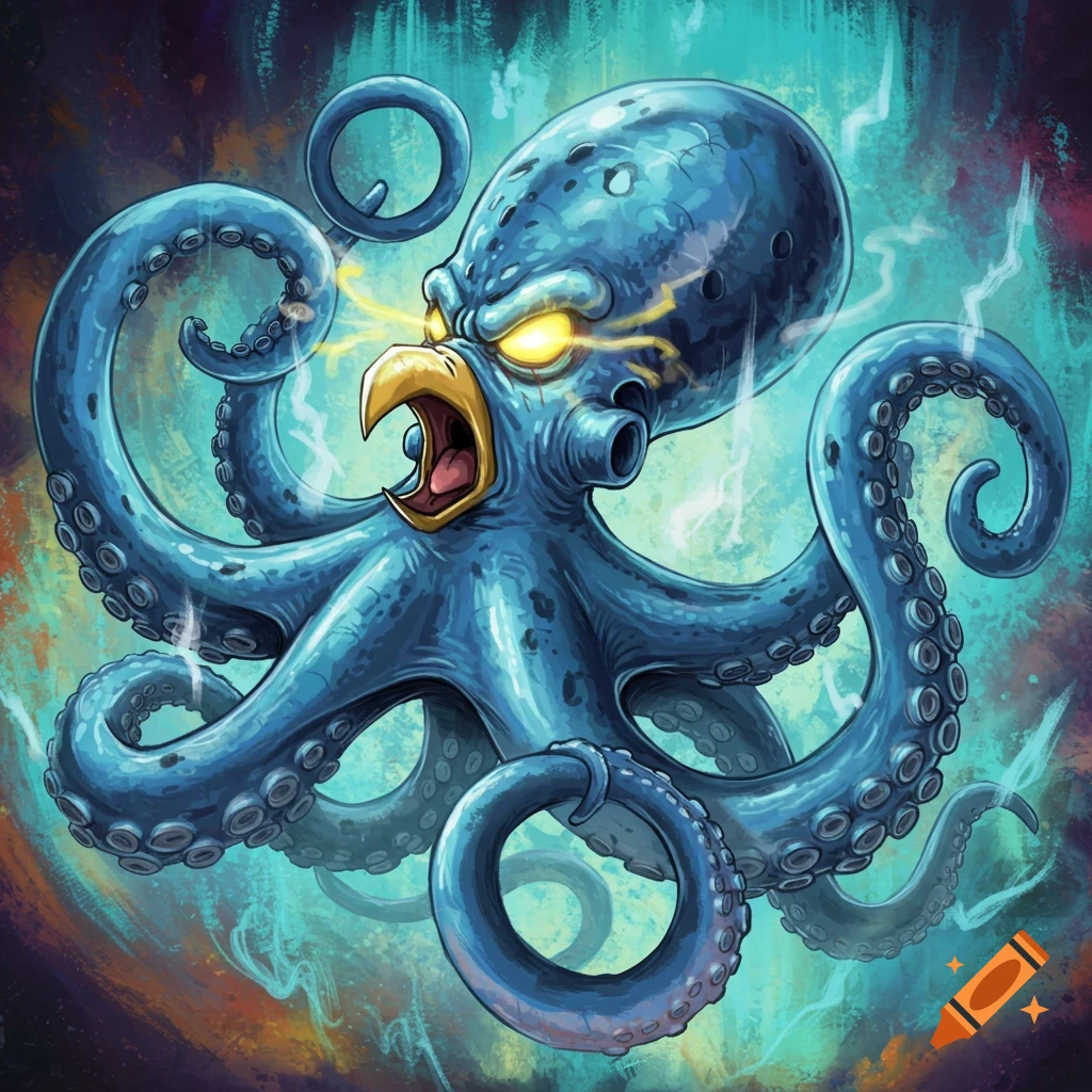 Stylized illustration of an angry blue octopus with a bird beak and ...