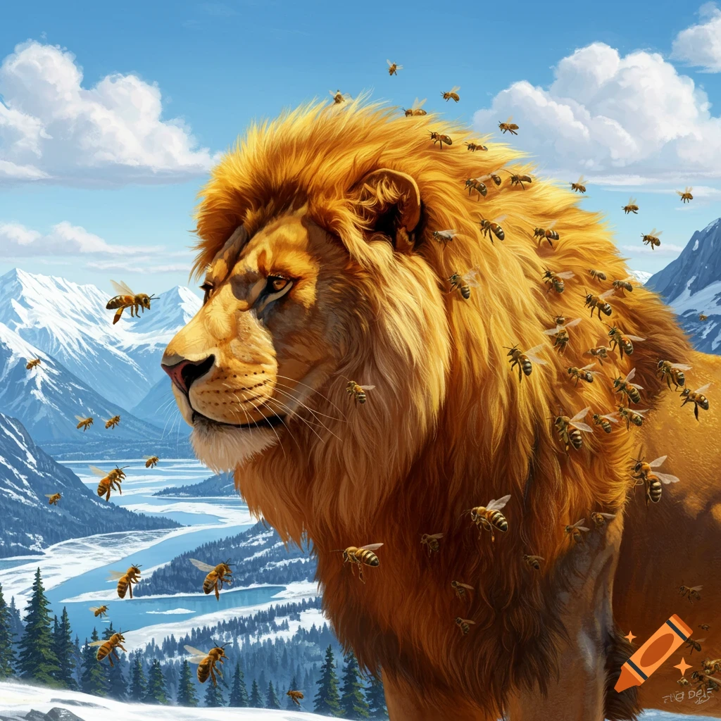A lion covered in bees stands in a snowy mountain landscape ...