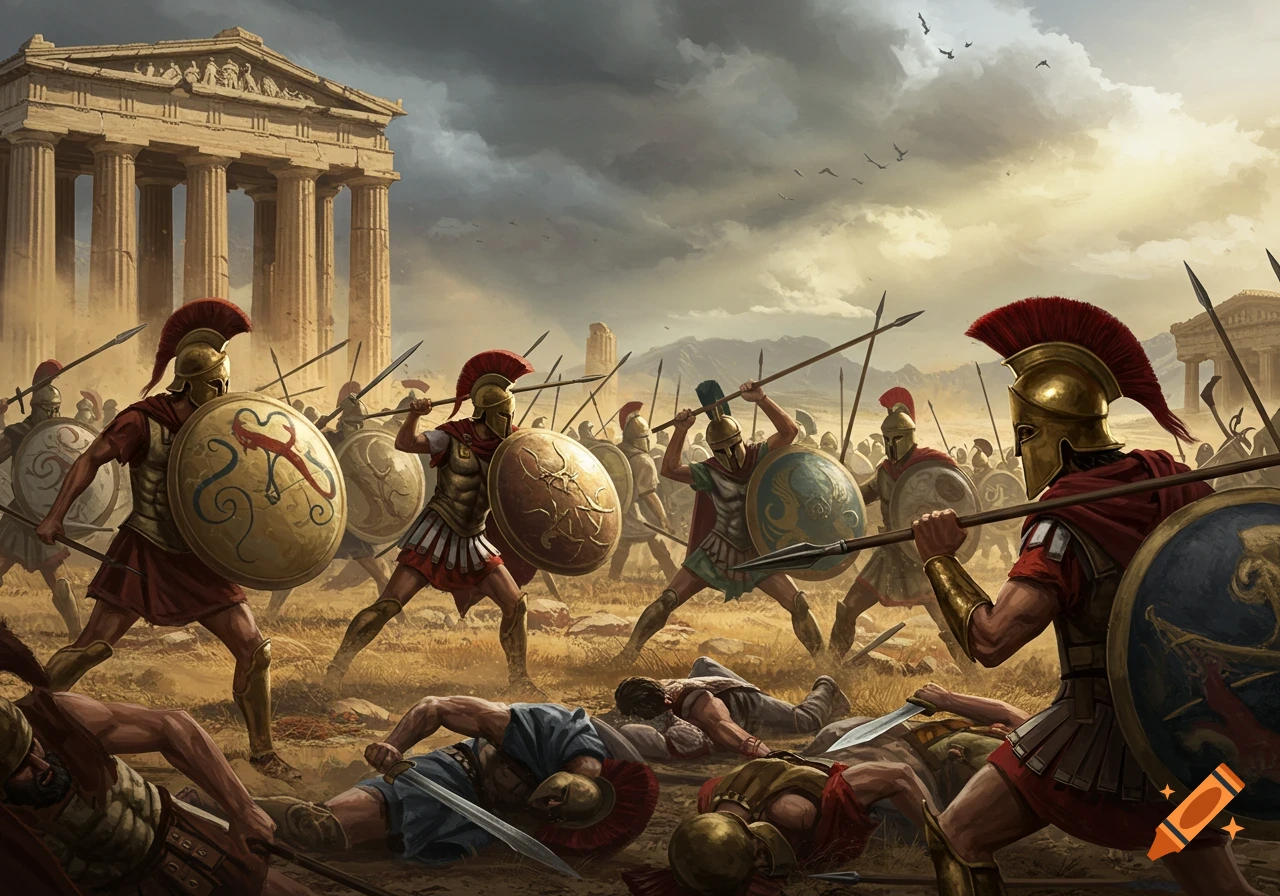 Digital painting of ancient Greek soldiers battling in a field with a ...