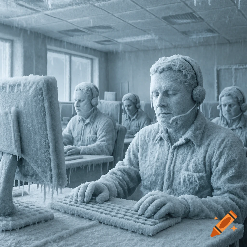 Frozen people working at desks in an icy call center on Craiyon
