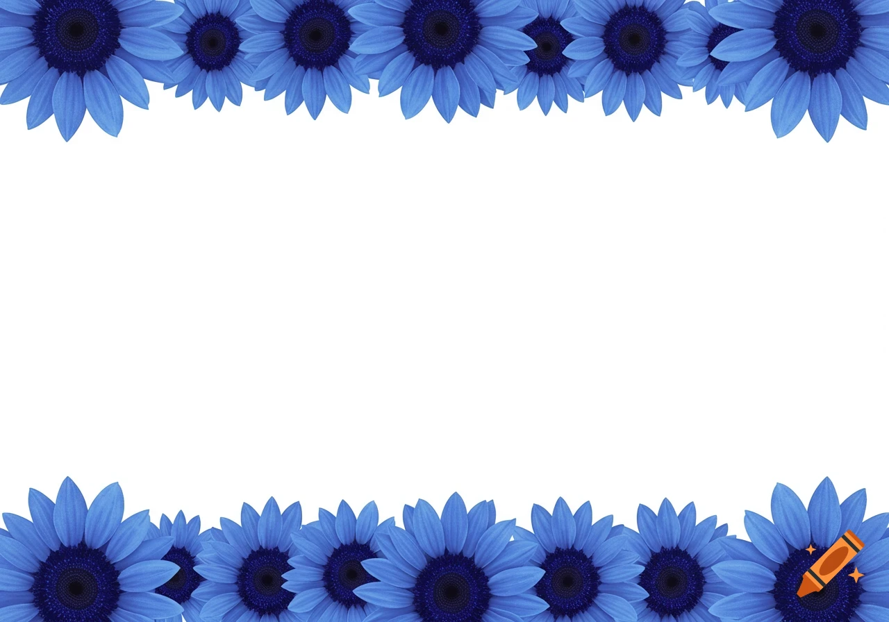 Blue sunflowers form top and bottom borders on a white background. on ...