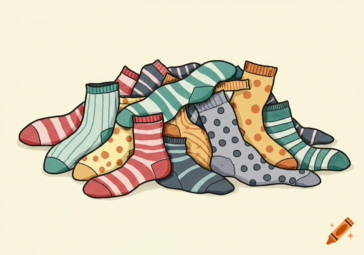 A pile of colorful socks in a hand-drawn illustration style. on Craiyon