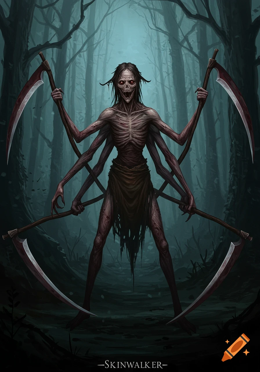 A creepy multi-armed Skinwalker creature holding scythes stands in a ...