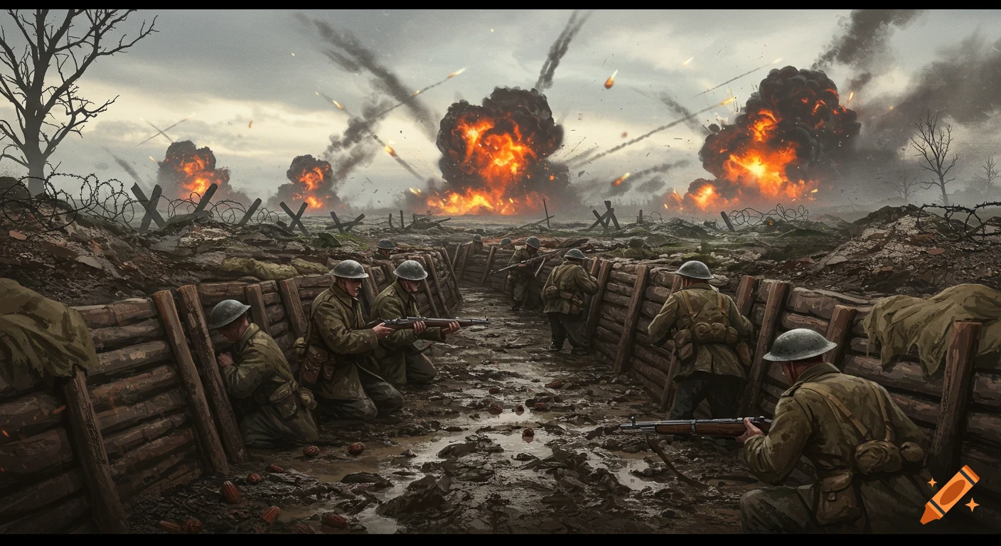 Detailed illustration of soldiers in a muddy trench during a battle ...